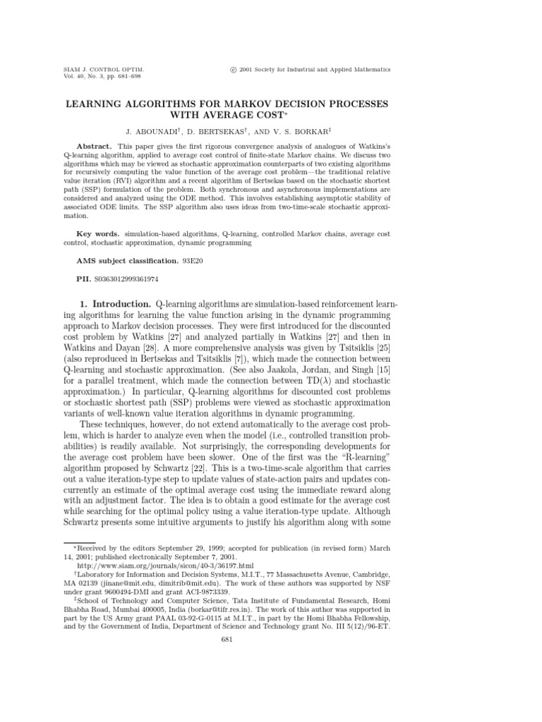 Learning Algorithms For Markov Decision Processes With Average Cost Pdf Dynamic Programming
