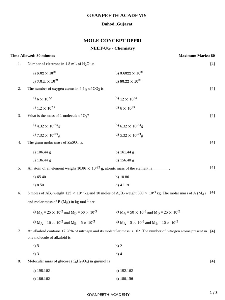 Mole Concept DPP01 Exercise | PDF | Mole (Unit) | Molecules