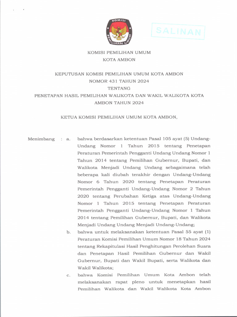 SK KPU Nomor 431 Tahun 2024 | PDF