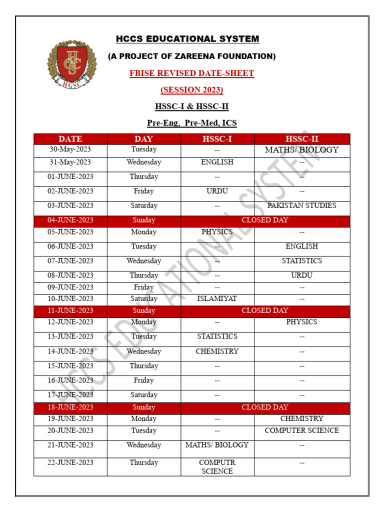 HCCS HSSC Date Sheet 2023 | PDF