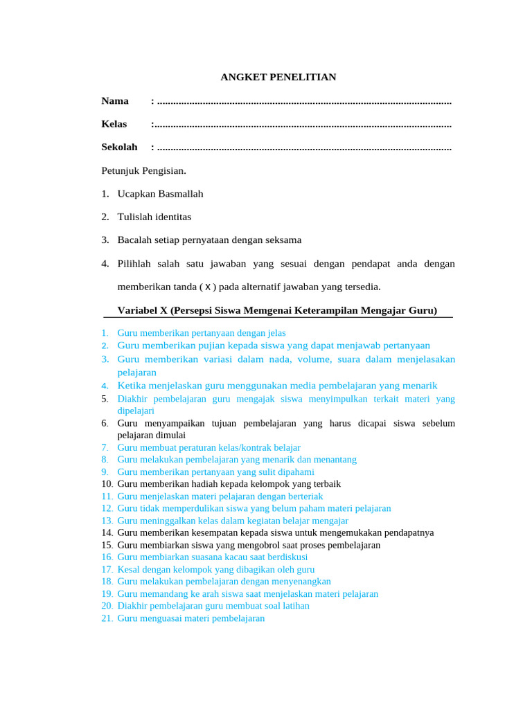Angket Penelitian Valid | PDF