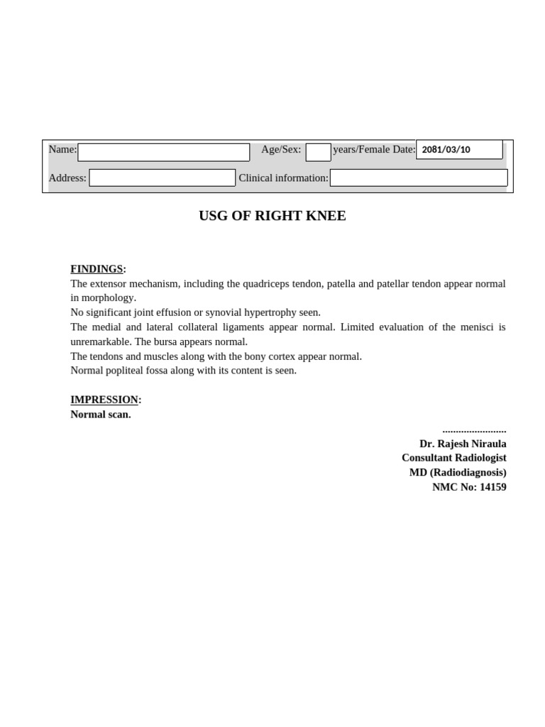 Normal USG Findings of Right Knee | PDF