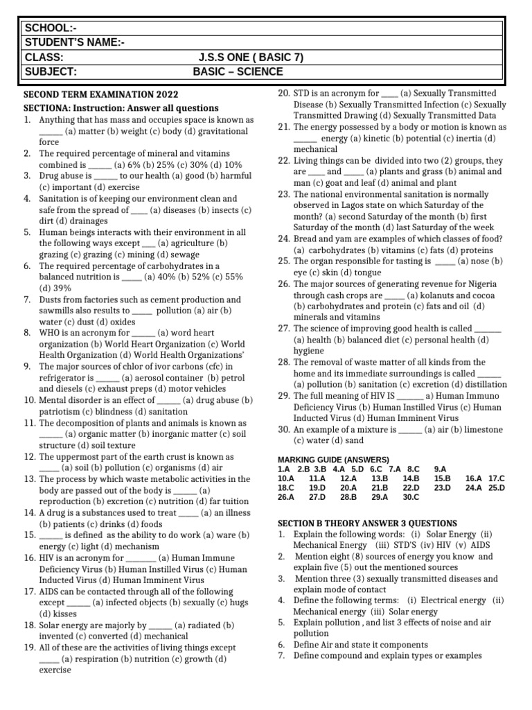 Basic Sci Jss1 2nd T-Exam | PDF | Soil | Virus