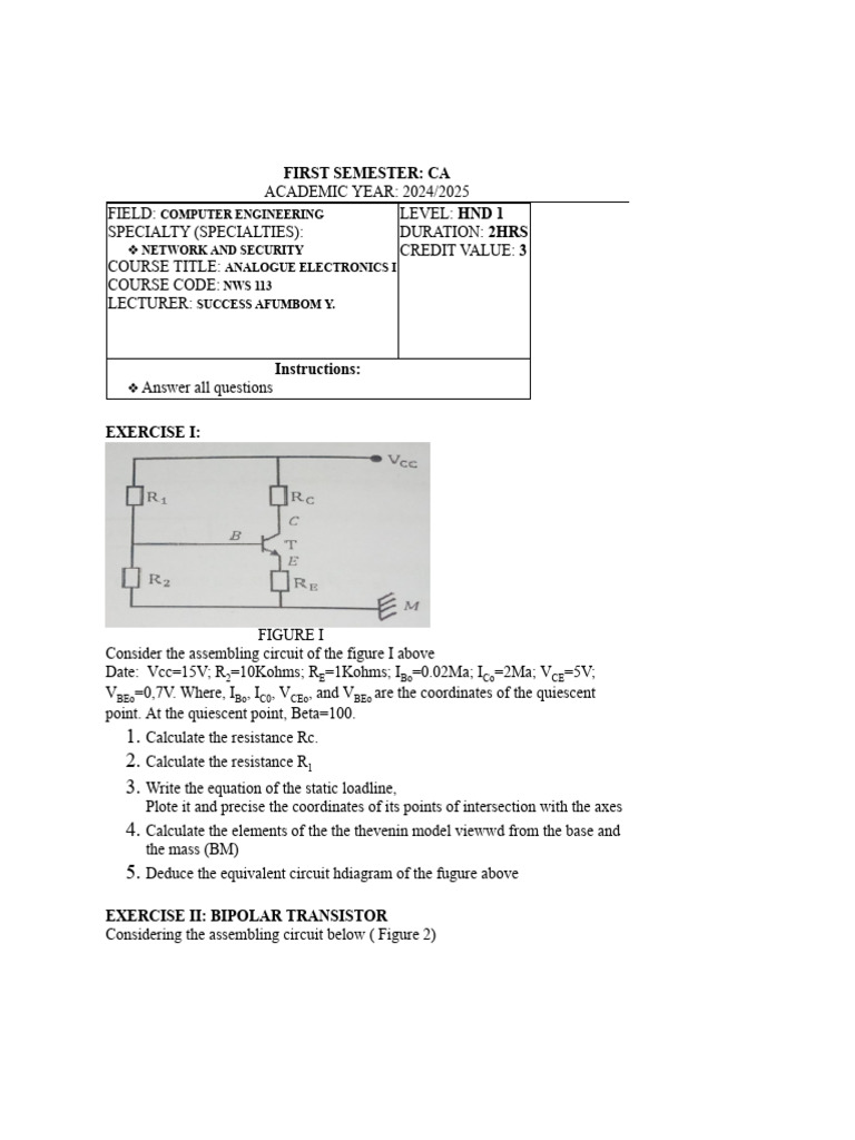 Analogue Electronics I Course Exercises | PDF | Electronic Circuits ...