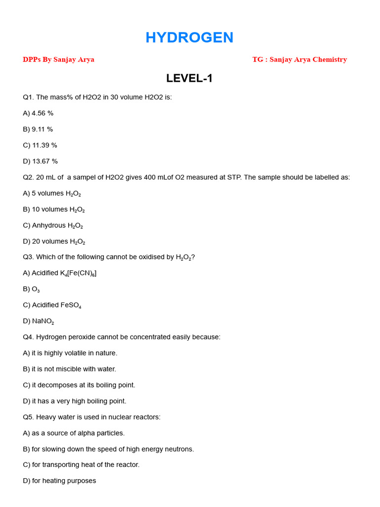 DPP_Hydrogen Chapter Day - 2 | PDF | Hydrogen Peroxide | Magnesium