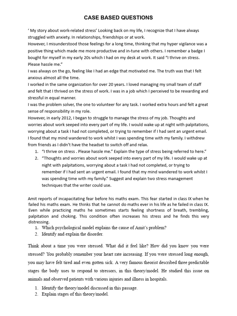 Xii Case Based Questions | PDF | Psychology | Fear