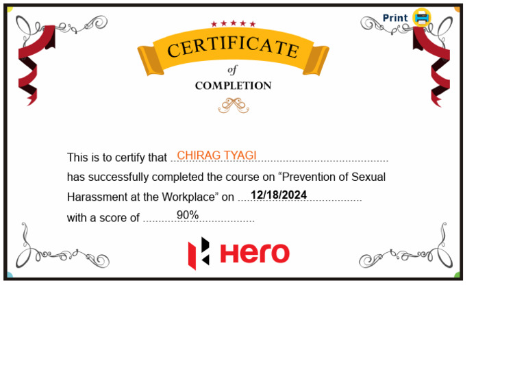 Certificate of Completion: Sexual Harassment Prevention | PDF