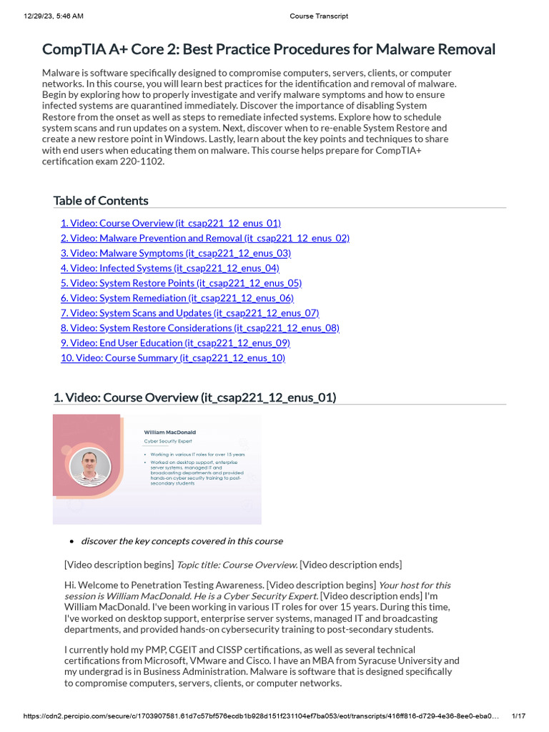 CompTIA A+ Core 2 Best Practice Procedures For Malware Removal | PDF ...