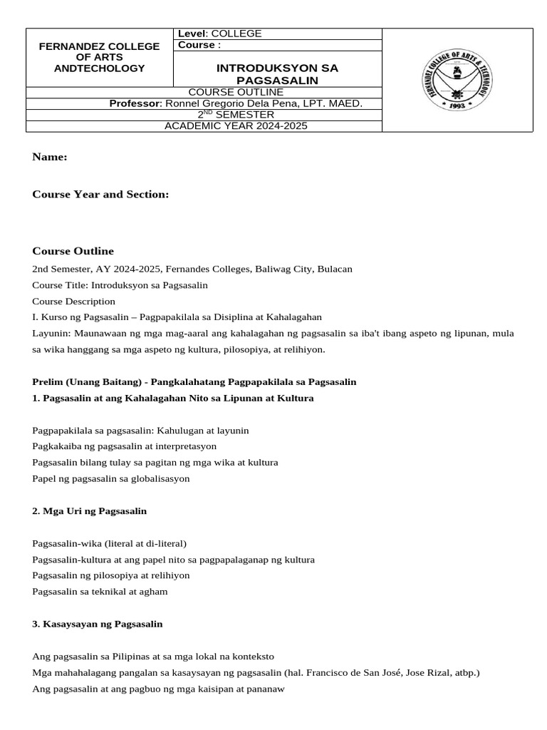 Pagsasalin Course Outline | PDF
