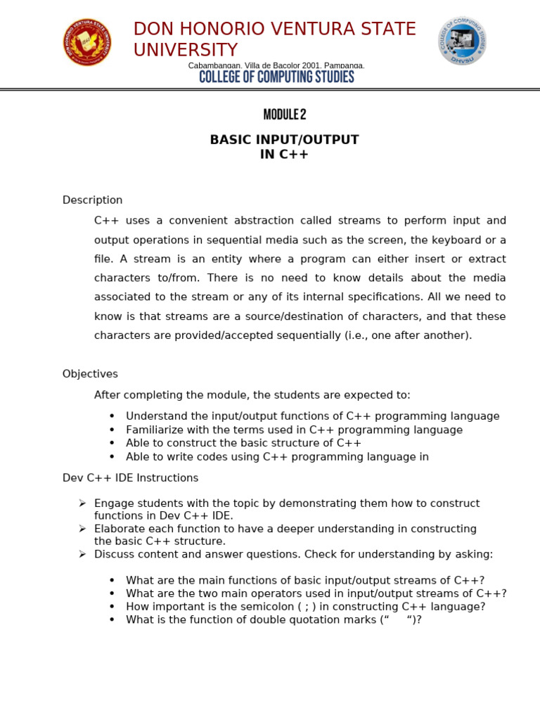 Lesson2 Basic Input Output in C | PDF | C++ | Programming Language