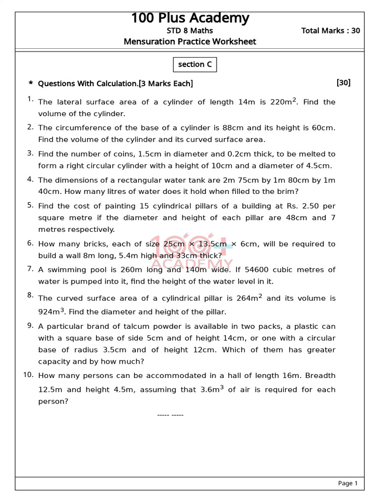 Class 8th Mensuration Worksheet Pdf