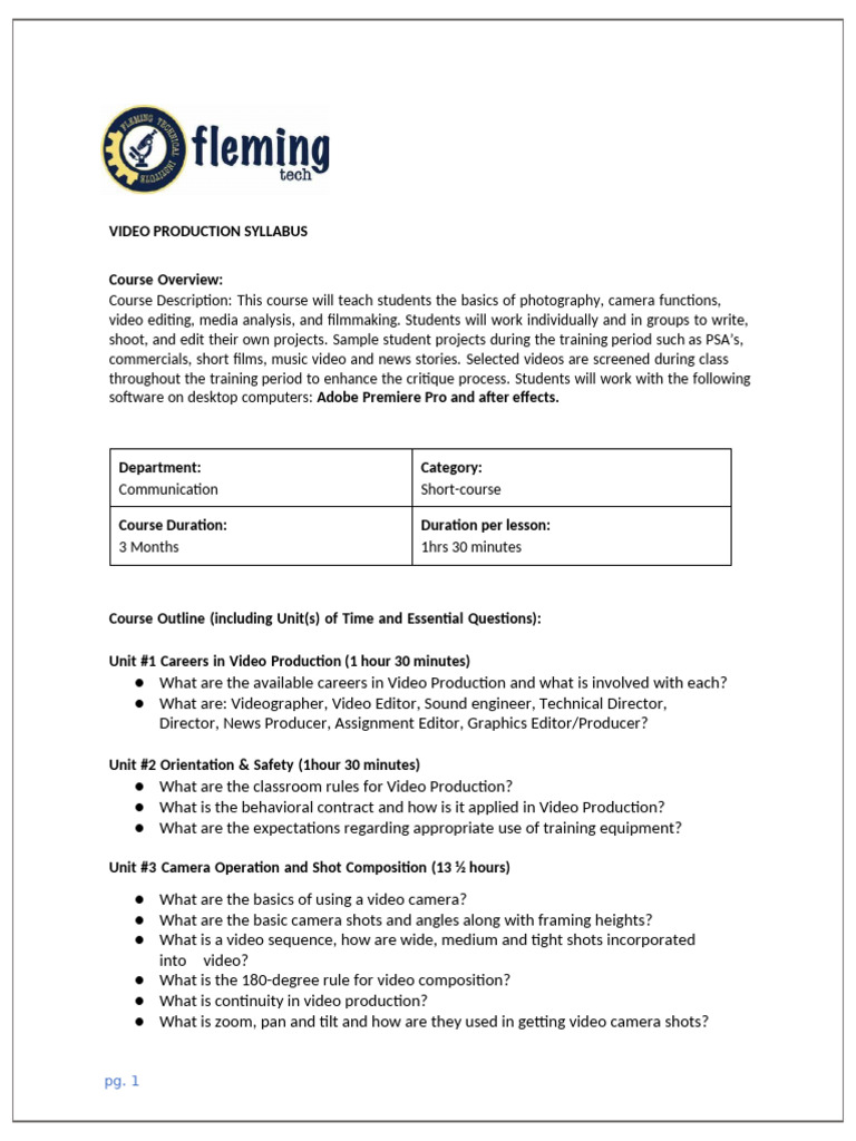 Video Production Syllabus | PDF | Camera | Video