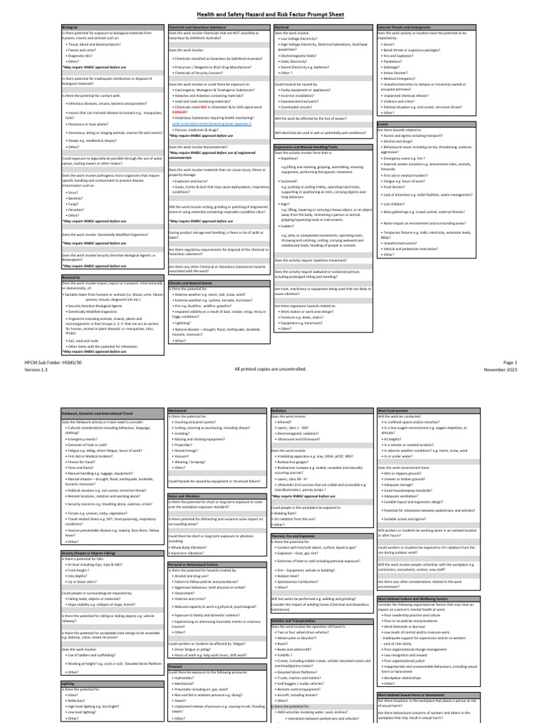Hazard Risk Factor Prompt Sheet | PDF | Hazards | Psychological Trauma