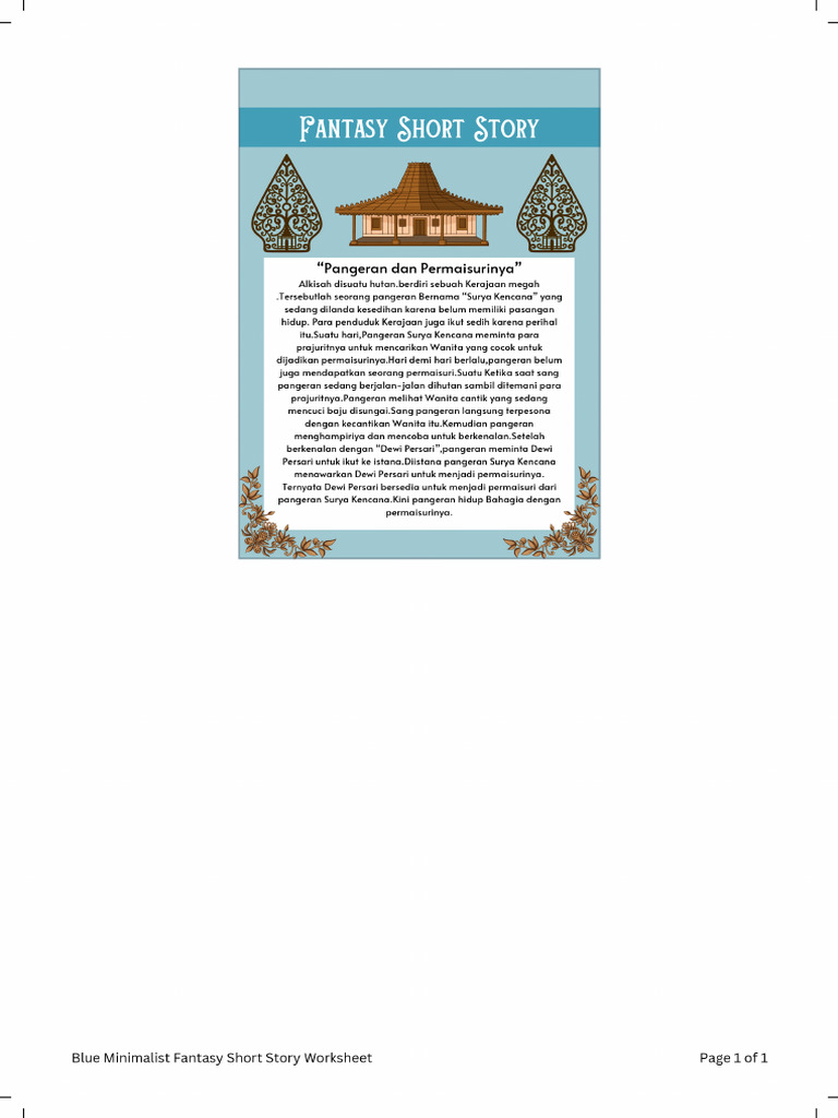 Blue Minimalist Fantasy Short Story Worksheet | PDF