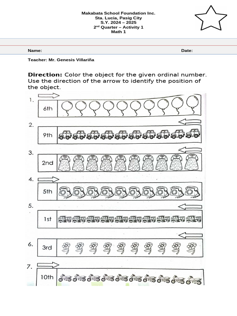 Math 1 Ordinal Number Activity | PDF