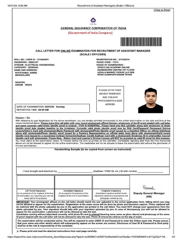Gic Admit Card | PDF