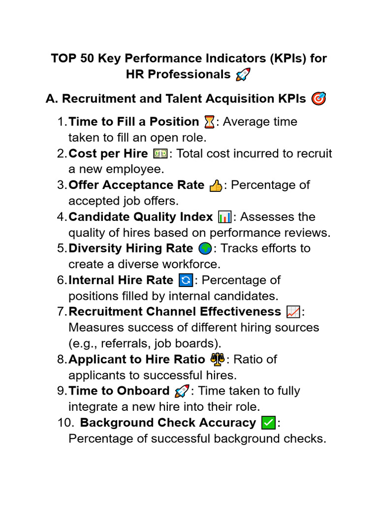 Top 50 (KPIs) for Budding HR Professionals | PDF | Compensation And ...