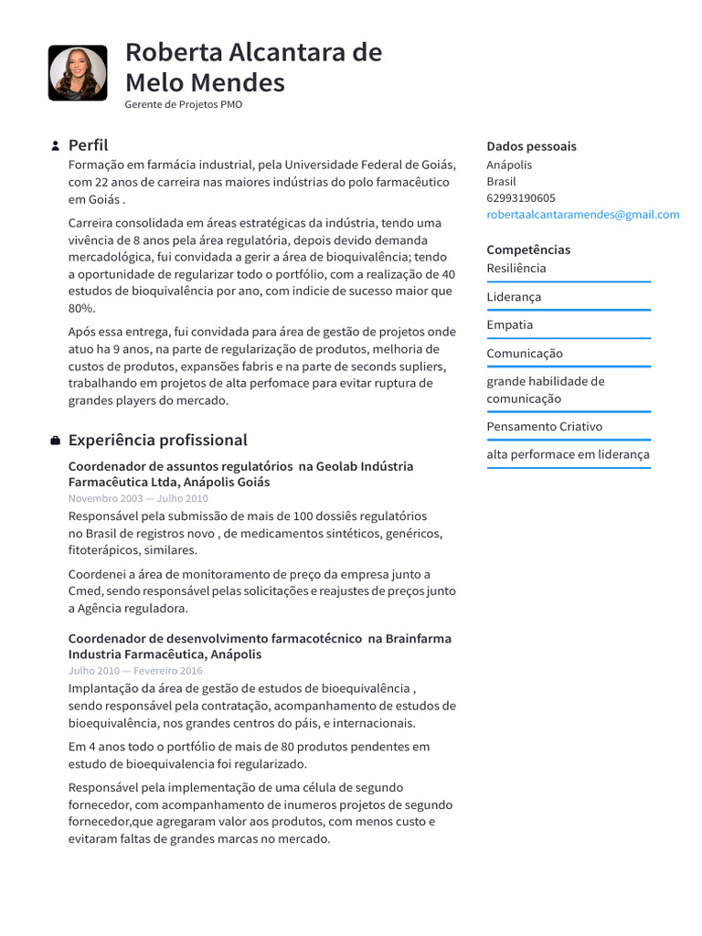 Roberta Alcantara de Melo Mendes - Gerente de Projetos PMO | PDF | Farmacêutico | Indústria ...