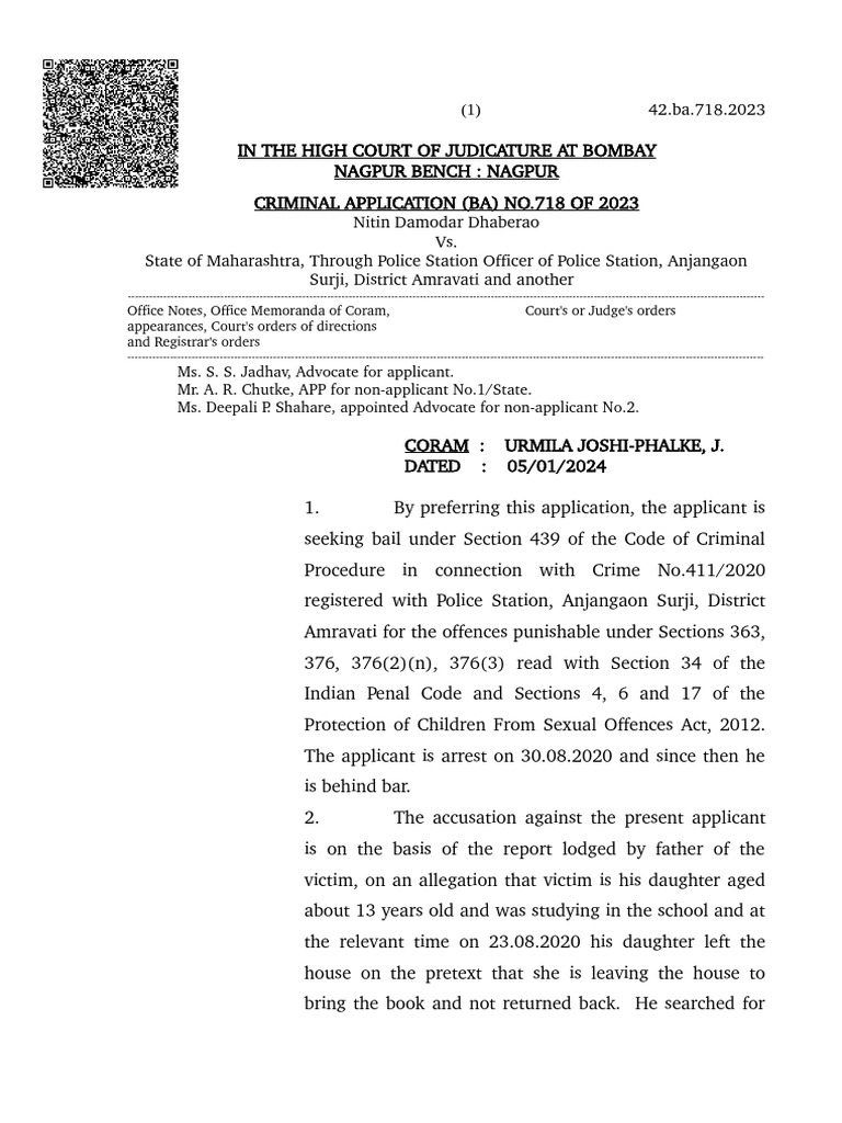 Criminal Application (Ba) No.718 of 2023 | PDF | Bail | Crimes
