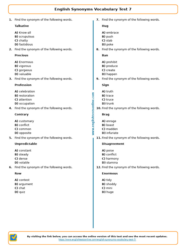 English Synonyms Vocabulary Test | PDF | Interpretation (Philosophy ...