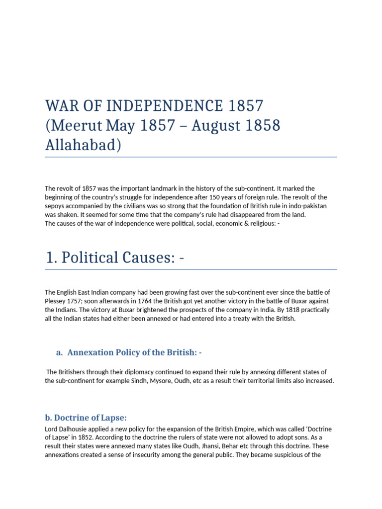 Causes of the 1857 War of Independence | PDF | Indian Rebellion Of 1857 ...