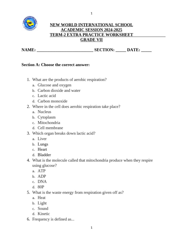 New World International School ACADEMIC SESSION 2024-2025 Term-2 Extra Practice Worksheet Grade ...