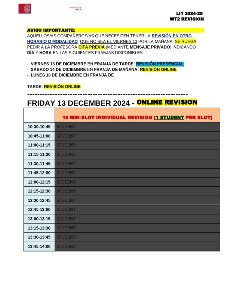 Horarios de Revisión WT2 2024-25 | PDF