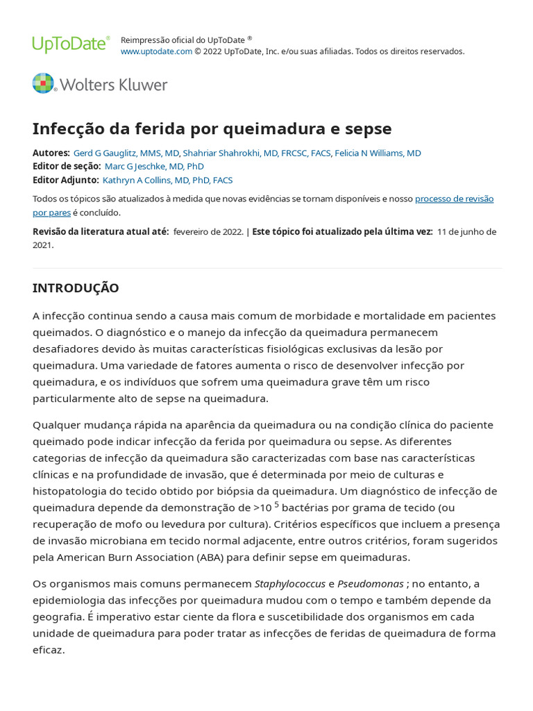Burn wound infection and sepsis - UpToDate | PDF | Sepse | Queimadura