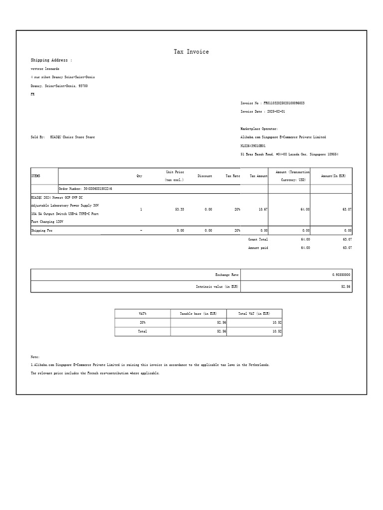 Tax Invoice for KUAIQU Power Supply | PDF | Value Added Tax | Taxes