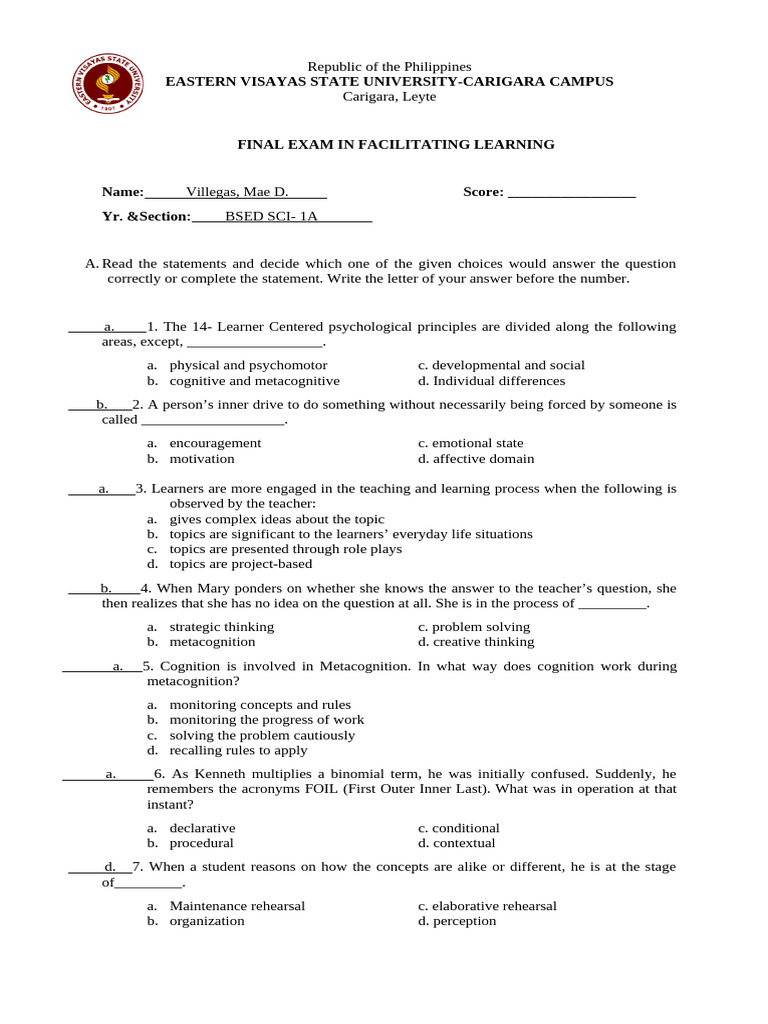 Final Exam: Facilitating Learning Principles | PDF | Learning | Metacognition