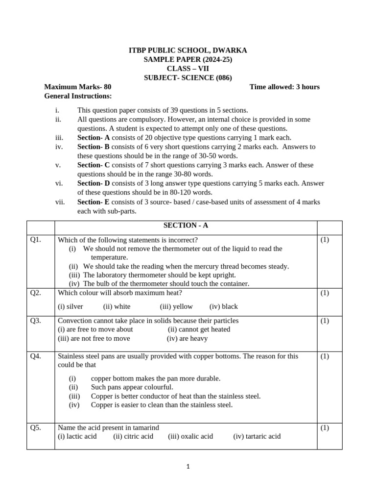 Class Vii Science Sample Paper (2024-25) | PDF | Atrium (Heart) | Heart