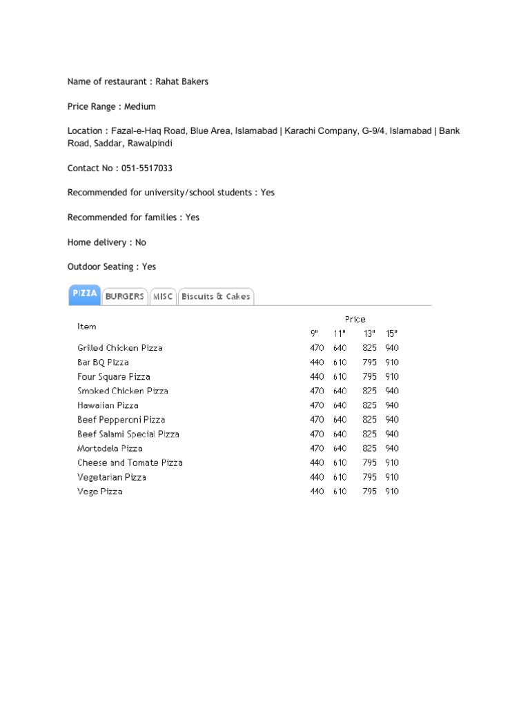Rahat Bakers Menu and Prices | PDF | Cooking, Food & Wine