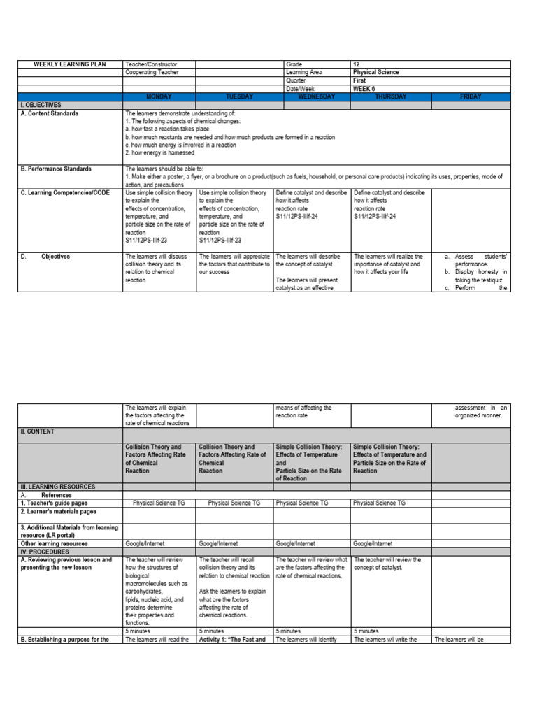 Physical Science DLL Q1W5 | PDF | Reaction Rate | Chemical Reactions