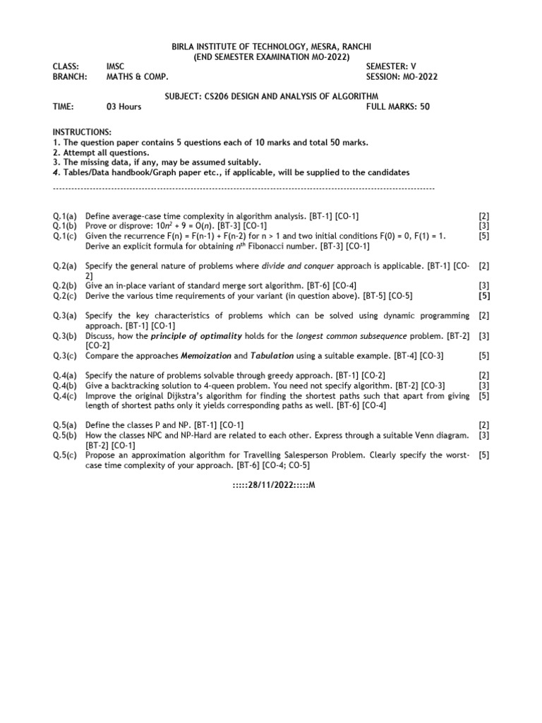 CS206 Design and Analysis of Algorithm (End - Mo22) | PDF | Time Complexity | Recurrence Relation