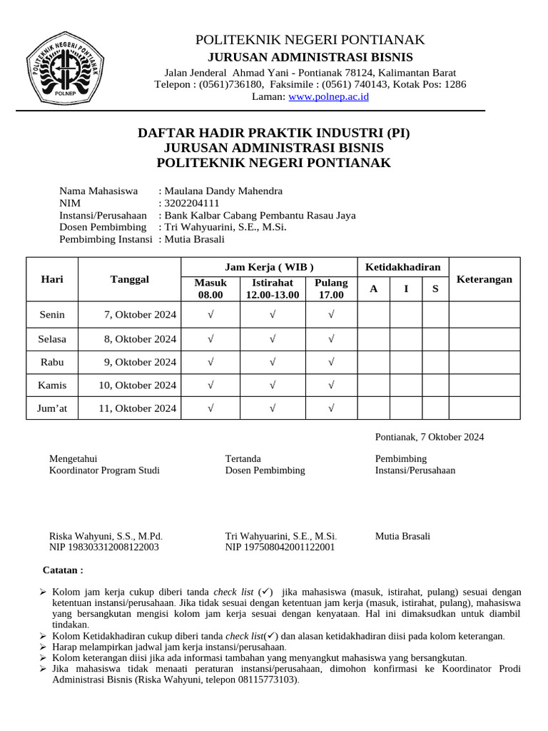 Daftar Hadir Praktik Industri Polnep | PDF