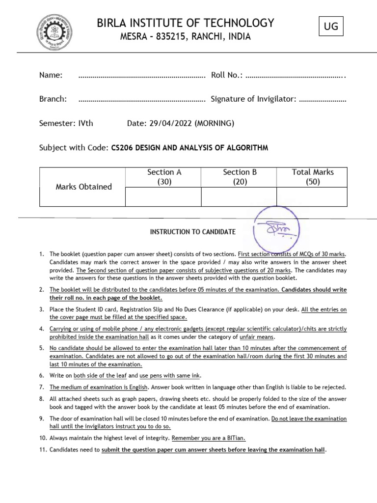 CS206 DESIGN AND ANALYSIS OF ALGORITHM (END_SP22) | PDF | Algorithms | Theoretical Computer Science