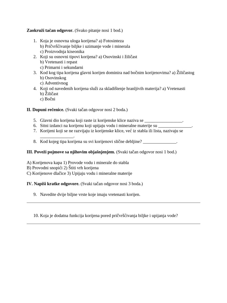Testovi Biologija 6 Osnovna Skola | PDF