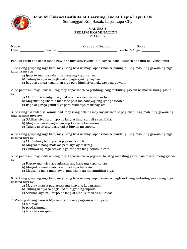 Questionnaire in Values | PDF