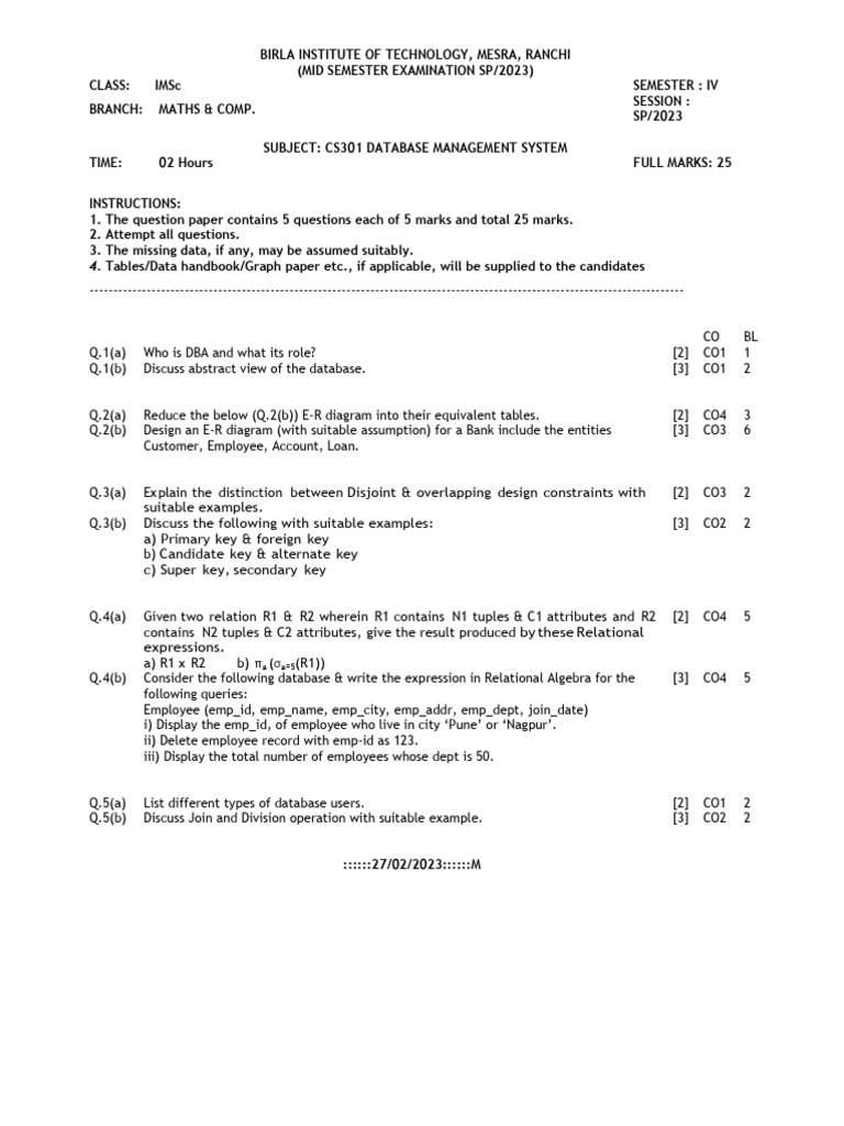 CS301 Database Management System - Imsc (Mid - SP23) | PDF | Relational Model | Software Design