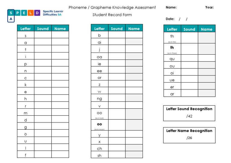 Record Sheet Phoneme and Grapheme Knowledge Assessment | PDF