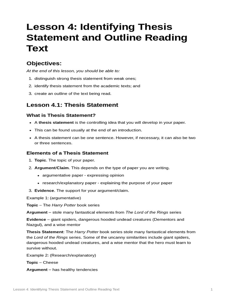 Lesson 4 Identifying Thesis Statement and Outline Reading Text Legal 1 | PDF