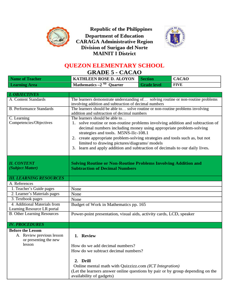 Grade 5 COT Mathematics Q2 2024 | PDF | Teachers | Learning