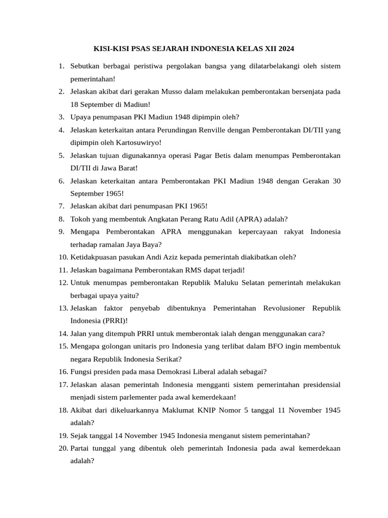 Kisi-Kisi Psas Sejarah Indonesia Kelas Xii 2024 | PDF
