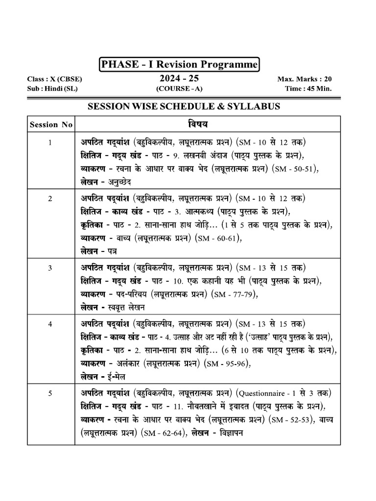 X Class Hindi SL (CBSE-Course - A) Session Wise Syllabus (Phase - I) (24-25) | PDF