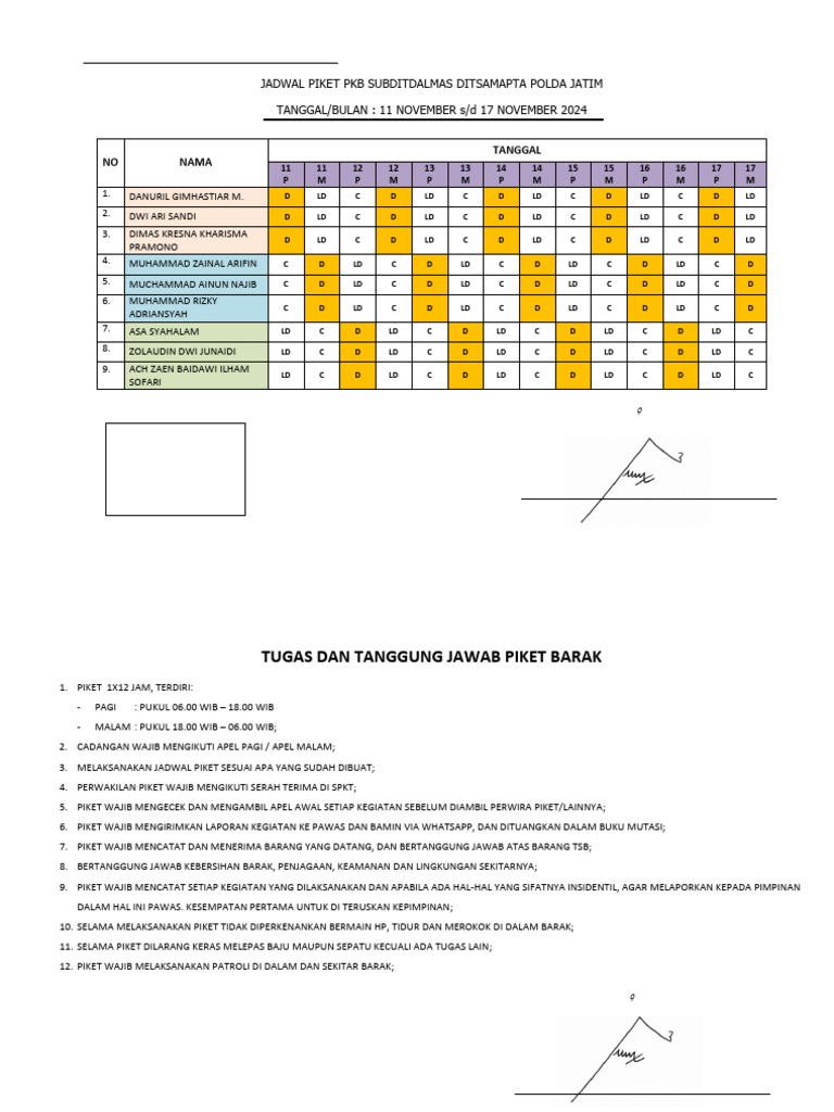 JADWAL PIKET PKB BAJA 55 SUBDITDALMAS 11 NOVEMBER S.D. 17 NOVEMBER 2024 | PDF