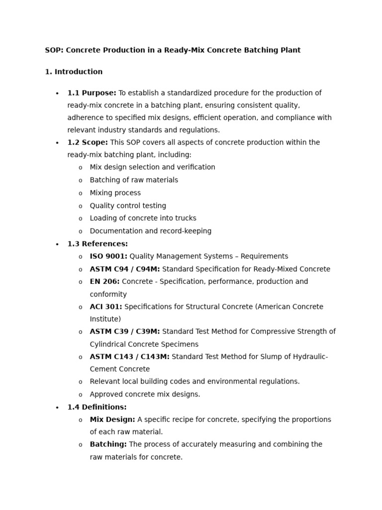 SOP - Concrete Production in A Ready-Mix Concrete Batching Plant | PDF | Concrete | Materials