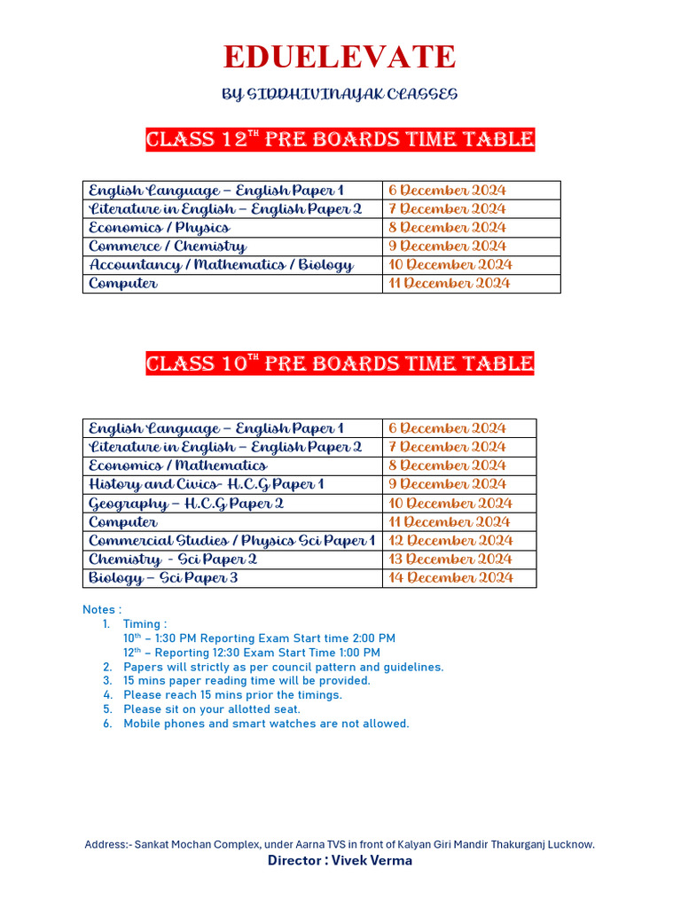 Class 10 & 12 Pre Board Dates 2024 | PDF