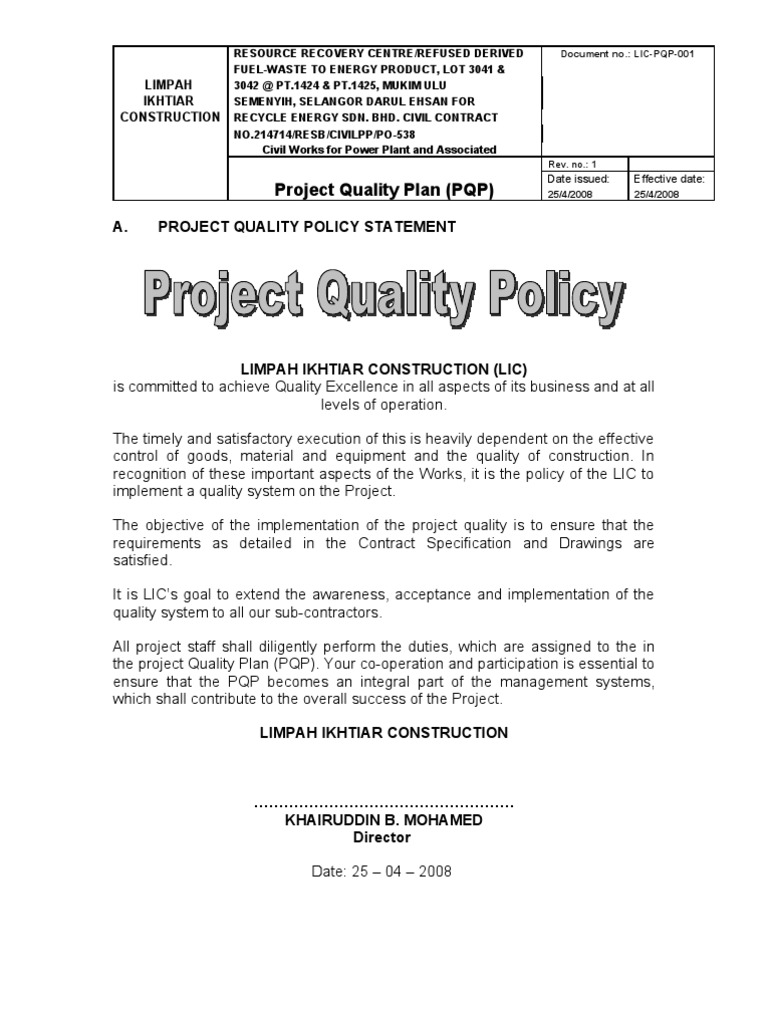 Project Quality Plan for Construction | PDF | Quality Assurance ...