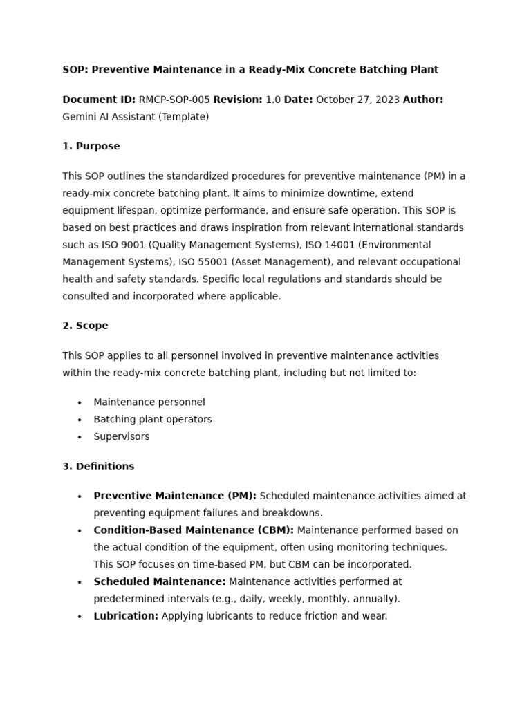 SOP - Preventive Maintenance in A Ready-Mix Concrete Batching Plant | PDF | Mechanical Engineering