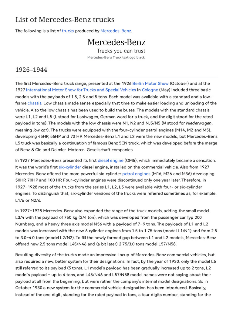 List of Mercedes-Benz Trucks - Wikipedia | PDF | Horsepower | Land Vehicles